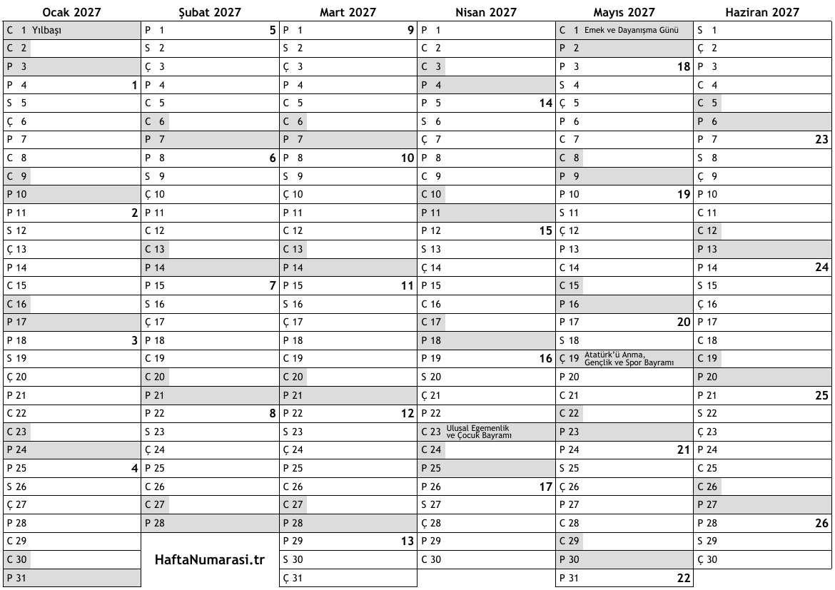 Hafta numaraları ile 2027 takvime … hafta numarası, hafta numaralı ...
